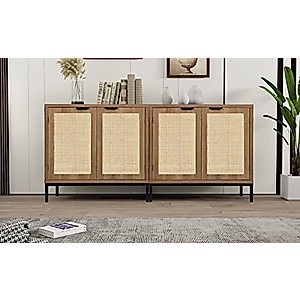 Anmytek Rustic Oak Accent Storage Cabinet with 2 Rattan Doors, Mid Century Natural Wood Sideboard Furniture for Living Room H0045