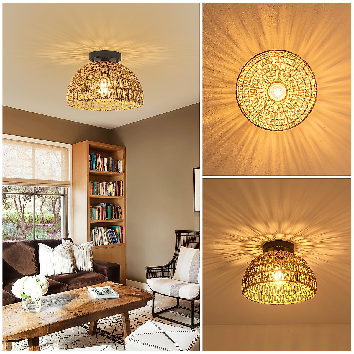 SYTPPLAN Rattan Light Fixtures Ceiling Light, Handmade Woven Cage Boho Light Fixture 11" Semi Flush Mount Light Fixture Coastal Ceiling Light for Hallway Kitchen Entryway Farmhouse Living Room