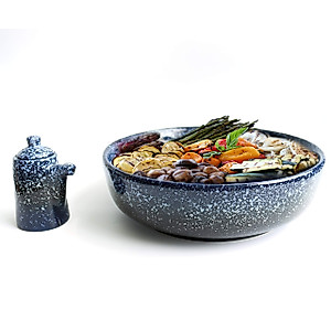 VALLENWOOD Extra Large Salad Serving Bowl, 11 inch. Big Ceramic Navy Dark Blue Pasta bowl Plus Oil Bottle. 95 oz. Beautiful And Elegant Huge Design. Giant Mixing and Fruit Bowls