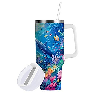 ODAWA a Vibrant and Colorful Underwater Scene Filled with Travel Coffee Tumbler with Straw and Lid Travel Mug 30 Oz Stainless Steel Cups