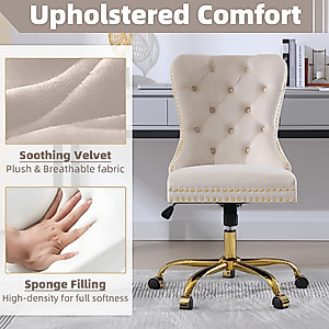 GOOLON Velvet Home Office Desk Chair, Height Adjustable Vanity Chair withTufted Back, Swivel Comfy Seat, Luxury Rivet Trim, Golden Base for Bedroom Living Room, Beige