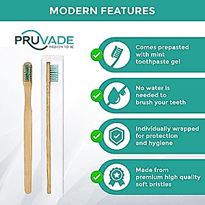 Pruvade 36 Pack Disposable Bamboo Toothbrushes with Toothpaste Built in - Prepasted Toothbrushes Individually Wrapped - Single Use Waterless Tooth Brush with Soft Bristles for Airbnb, Camping, Travel