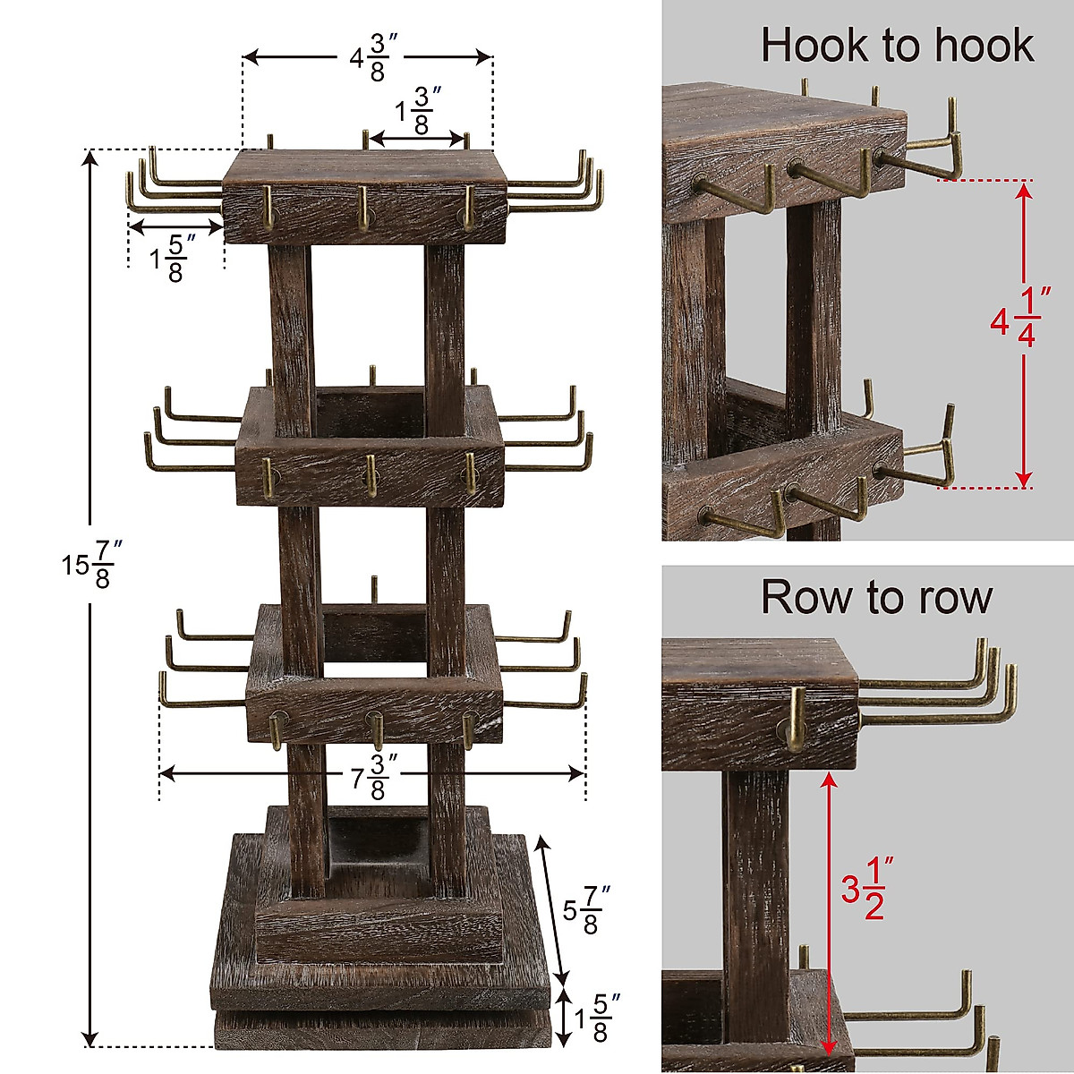 Ikee Design Wood Rotating Jewelry Display Stand Tower,Spinning Keychain Display Stand,36 Hooks Spinning Necklace, Bracelet, Earring Rack for Vendor, Coffee Color