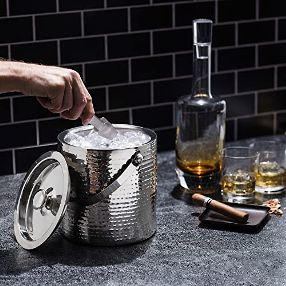 Hammered Ice Bucket - Ice Bucket with Tongs - Insulated Ice Bucket with Lid - Double Wall Ice Bucket 3 Quarts - By Colleta Home