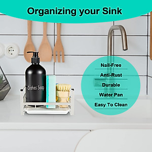 TEZZ Sponge Holder for Kitchen Sink- Stainless Steel Kitchen Storage Sink Caddy for Organizing Sponge, Brush & Dish Soap Dispenser, Kitchen Sink Organizer Rack with Adhesive or Counter top, Silver