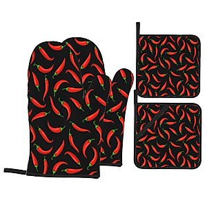 BOKEKANG Chili Peppers Pattern Oven Mitts and Pot Holders Sets of 4 Kitchen Mitts Heat Resistant Oven Gloves Set Potholders for Kitchen Baking Grilling BBQ