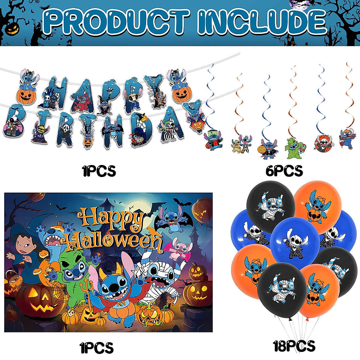 Stitch Birthday Party Supplies, 112 pcs Stitch Party Decorations and Tableware Set-Stitch Plates and Napkins Cups Backdrop for Stitch Birthday Supplies Lilo Stitch party Decorations