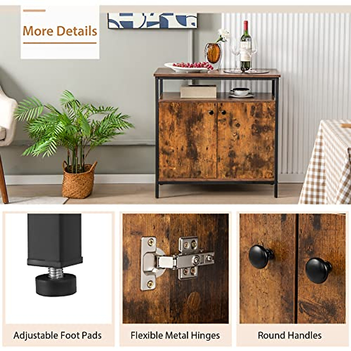 Giantex Buffet Cabinet with Storage, 2-Door Kitchen Sideboard with Shelves, Cable Holes, Industrial Coffee Bar Cabinet, Console Table for Entryway, Living Room, Rustic Brown