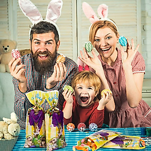 Fovths 100 Pack Easter Treat Bags Plastic Easter Candy Bags, Inspiring He is Risen Sign Clear Cellophane Candy Treat Bags with 100 Piece Gold Twist Ties for Easter Theme Bible School Party Favors