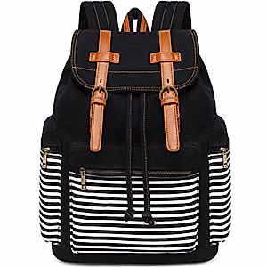 Bluboon Canvas School Backpack Women College Bookbag Girls Travel Rucksack 15.6Inch Laptop Bag (Black Stripe)