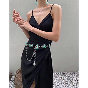 TOPACC Turquoise Concho Chain Belts for Women Western Cute Boho Teal Metal Cowgirl Country Concert Belt for Dresses Jeans