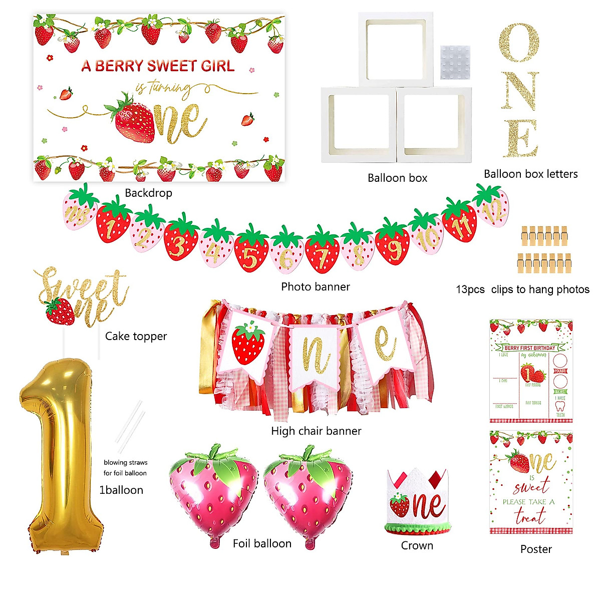 YSHMFEUX Strawberry 1st Birthday Decorations Party Supplies, Strawberry Sweet One Birthday Decor, Berry First Birthday Party Supplies, 1st Birthday g Girl Decoration