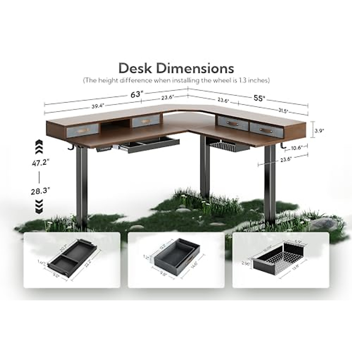 INNOVAR Triple Motor L Shaped Standing Desk with Drawers, Solid Wood Adjustable Corner Stand Up Desk, 63" Electric Standing Desk for Home Office, Black Frame/Brown Top