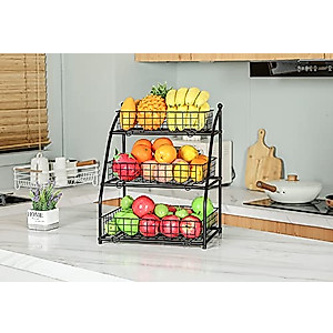 Fruit Basket for Kitchen Counter, 3-tier Fruit Holder Stand for Kitchen Countertop, Large Capacity Fruit Bowl Baskets for Kitchen Counter, Wire Baskets for Storage of Snack Produce Potato Onion