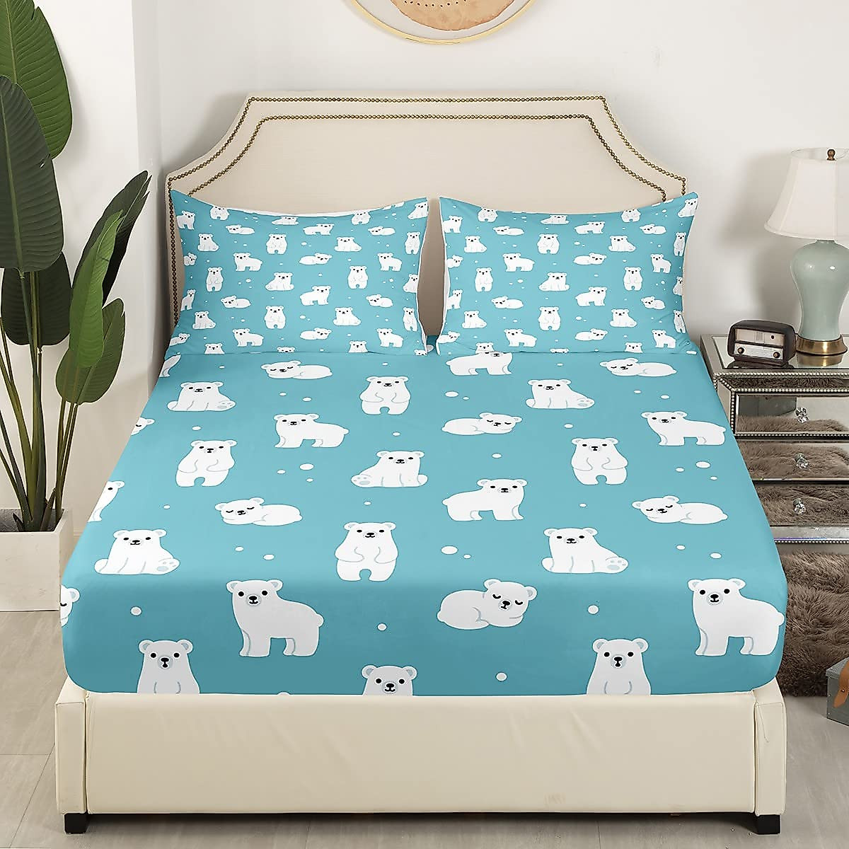 Erosebridal Polar Bear Sheet Set Twin Size White Bear Bed Sheets Animal Pattern Bear Printed Fitted Sheet Soft Microfiber Luxury Style Flat Sheet for Teens Kids Blue Animal Decor,Soft Cozy