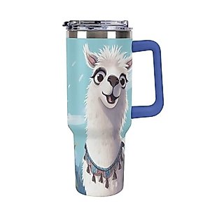 LLUTSNTH 40 Oz Vacuum Tumbler with Deep Blue Handle Leakproof Insulated Tumbler Llama Stainless Steel Travel Mug with Lid And Straw Coffee Cup Cute Water Bottles Cup Holder Friendly