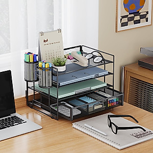 Marbrasse 4-Trays Desktop File Organizer with Pen Holder | Paper Letter Tray with Drawer and 2 Pen Holder | Mesh Office Supplies Desk Organizer for Home Office (Black)