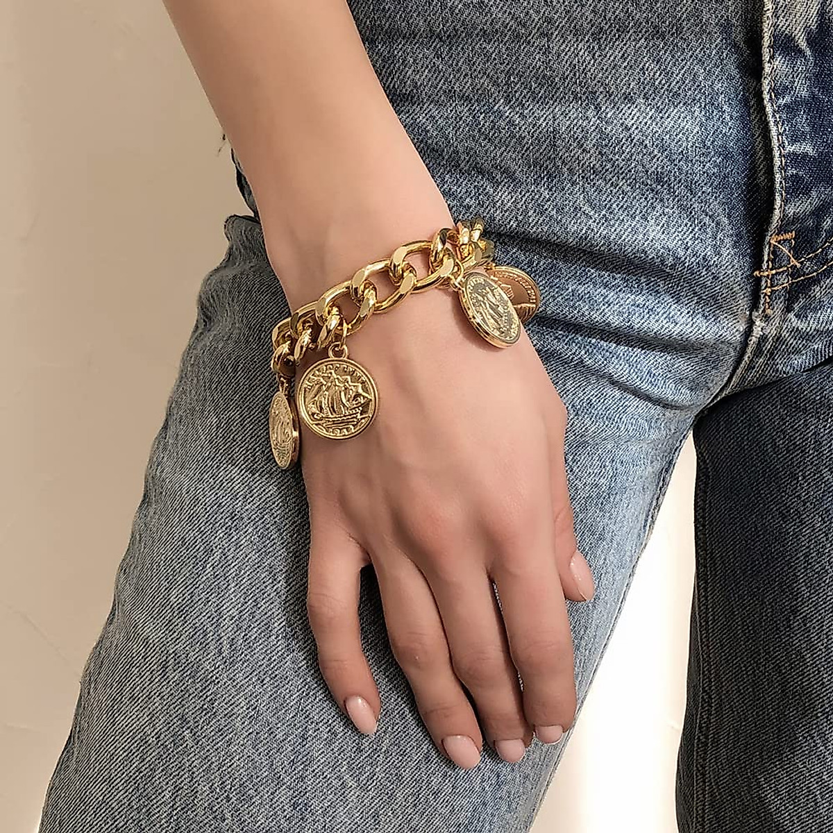 Jumwrit Chunky Chain Bracelet Punk Cuban Curb Link Chain Bracelet Statement Gold Coin Bracelet for Women
