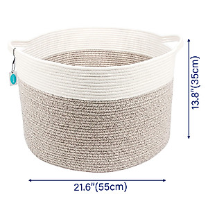 Casaphoria XXXLarge Cotton Rope Basket for Living Room - Woven Storage Basket with Handle for Blankets, Towels and Pillows Laundry Hamper | Cream white and Brown (22" x 22" x 14")