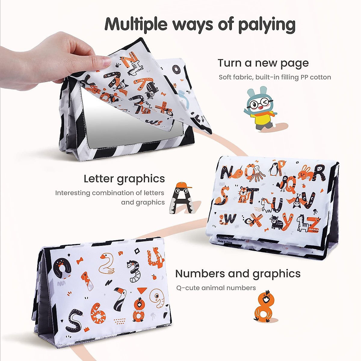 TUMAMA Baby Crib Black White Hanging Toy, Soft Cloth Shape Book, Crib Play Mats High Contrast Double Sides, Floor Mirror Books Letters Numbers Animals for Baby 0 3 6 9 12 Months