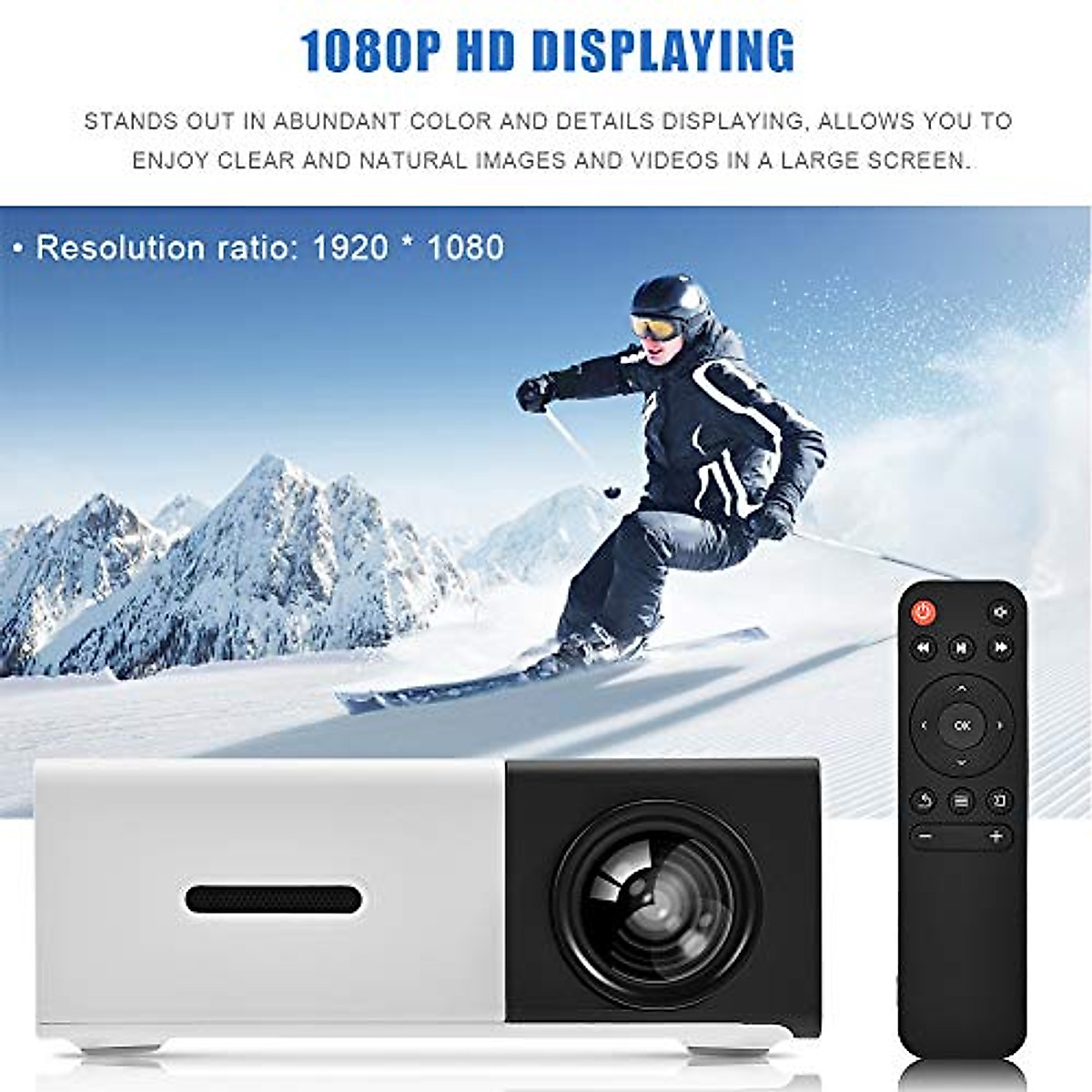 Mini Projector, Stylish Portable LED Movie Projector 1080P HD HDMI Multimedia Player, Suitable for Outdoor Recreation, Home Theaters(US-A)