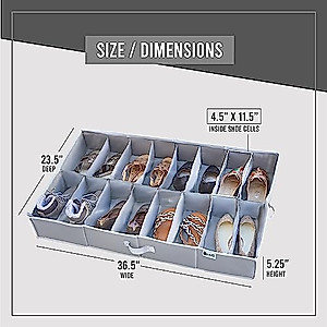 Under Bed Shoe Storage Organizer - Set of 2 – TEAR-RESISTANT Heavy Duty 600D Material - Shoe Organizer Under Bed - Fits Men's and Women's Shoes, High Heels, and Sneakers - Up to 32 Pairs - Extra-Strong Zipper - Grey - Perfect for College Dorms