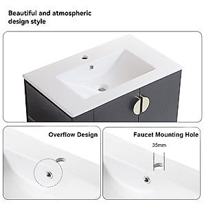 NOTOP 30" Floating Bathroom Vanity with White Ceramic Sink Comb, Modern Undermount Solid Wood Two Soft Close Doors Wall-Mounted Cabinet Set with Side Right Open Storage Shelf,Black, 30IN