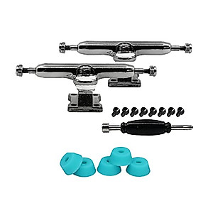 Teak Tuning Prodigy Fingerboard Trucks with Upgraded Lock Nuts, Silver Chrome Colorway - 32mm Wide - Includes Teal Pro Duro 61A Bubble Bushings