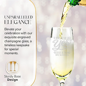 Set of 2, Personalized Wedding Champagne Flute Glasses 8 oz. Custom Engraved with Names and Date, Toasting Flutes for Bride, Groom, Newlyweds (Said Yes)