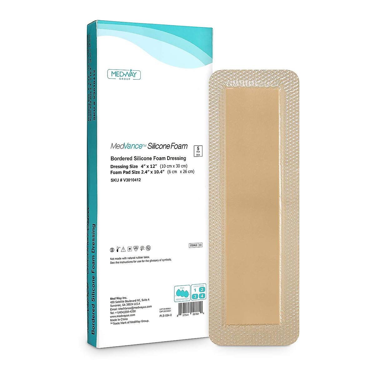MedVanceTM Silicone - Bordered Silicone Adhesive Foam Dressing Size 4"x 12" (2.4"x10.4" Pad) Box of 5 dressings