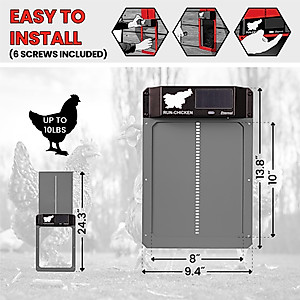RUN-CHICKEN Door (Gray) Solar Chicken Coop Door, Battery Powered Automatic Chicken Coop Door, Programmable Electric Chicken Door with Timer, Light Sensor, Solar Powered, Eternal