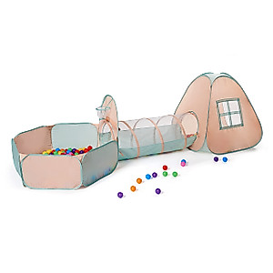 UTEX 3 in 1 Pop Up Kids Play Tent with Tunnel and Ball Pit for Kids, Boys, Girls, Babies and Toddlers, Indoor/Outdoor Playhouse,Orange Pink/Light Green