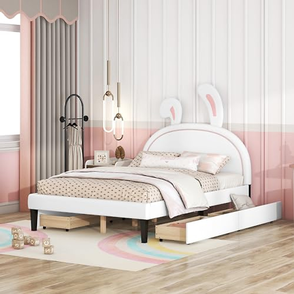 HBRR Wooden Bed Frame Full Size with 4 Storage Drawers and Bunny Ears Headboard, Upholstered Platform Bed with Storage for Kids Teens Boys & Girls, No Box Spring Needed, White