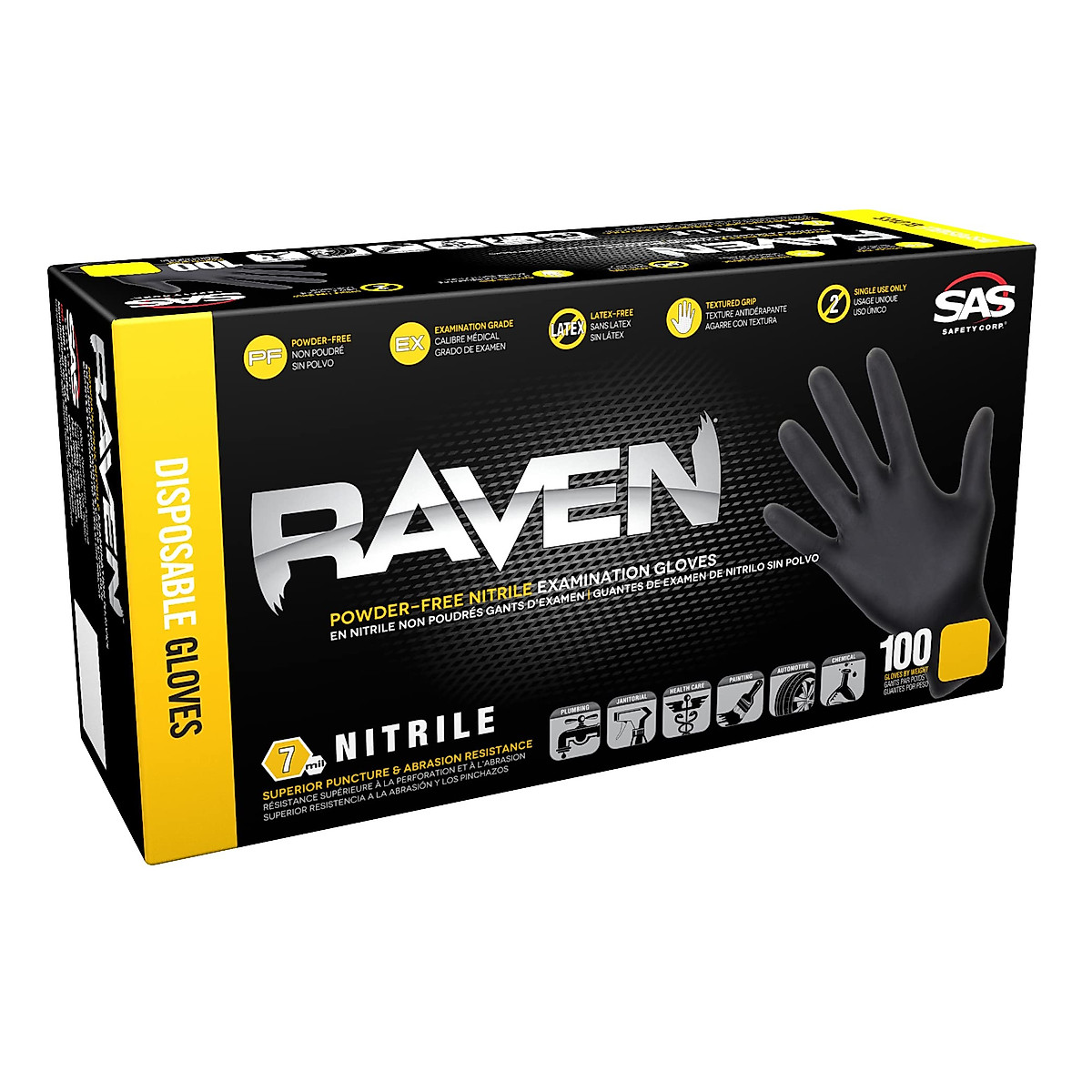 SAS Safety 66518 Raven Powder-Free Disposable Black Nitrile 7-Mil Gloves, Large, 100 Gloves by Weight
