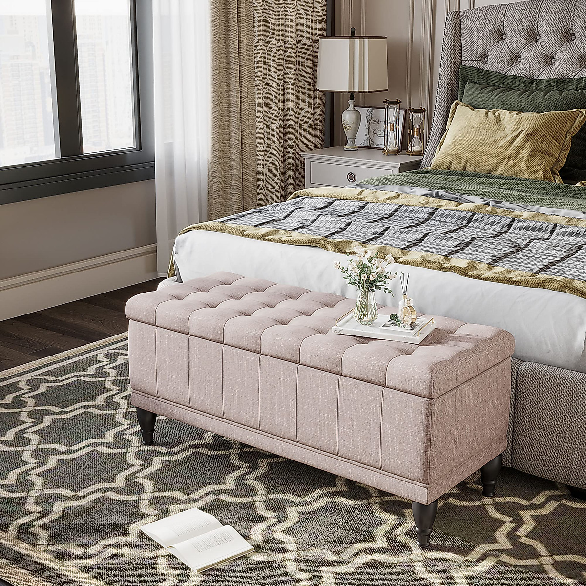 HOMCOM Storage Ottoman, Linen Fabric Button Tufted Storage Bench with Soft Close Lid for Living Room, Entryway or Bedroom, Beige