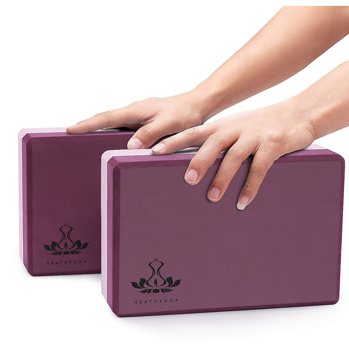 Heathyoga Yoga Blocks 2 Pack with Strap, High Density EVA Foam Yoga Block and Yoga Strap Set to Support and Improve Poses and Flexibility (Purple)