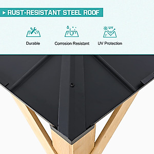 EAGLE PEAK 13x15 Hardtop Gazebo, Galvanized Steel Double Roof Gazebo with Cedar Wood Frame, Outdoor Pavilion for Patio, Deck, Lawn and Garden, Natural Wood/Black