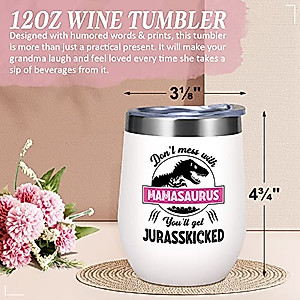 Fimibuke Mom Gifts for Mothers Day from Daughter Son Kids, 12 Oz Wine Tumbler Birthday Gifts for Mom, Her, Mother, Mother-in-Law, Wife, Women, Insulated Coffee Cup Present Gifts Boxed (A1.Mamasaurus)