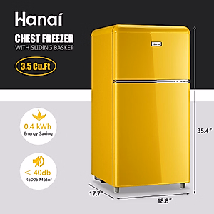 WANAI Compact Refrigerator, 3.5 Cu.Ft Retro Mini Fridge with Freezer, Dual Door Small Refrigerator with 7 TEMP Modes, LED Lights, Removable Shelves, Ideal for Bedroom Dorm Office Apartment
