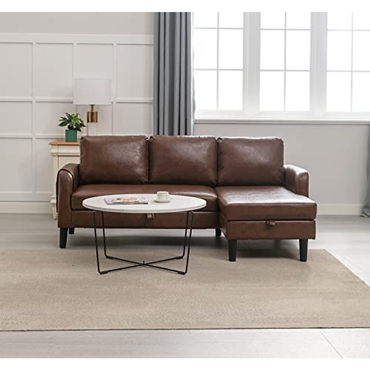 PU Leather Pull Out Sleeper Sofa Bed with Chaise, Comfy L Shaped Convertible Sleeper Couch with Storage and Pocket, Sectional 3 Seat Couch for Living Room Furniture or Office, Smooth Back - Brown