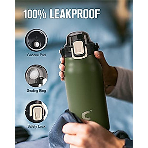 40 oz Water Bottle insulated, Cooplus Stainless Steel Water Flask with 2 Covered Auto Straw Lids, Metal Leakproof Bottle with Handle, Keep Cold 48h Hot 24h for Outdoor or Sports,Green