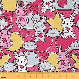Feelyou Cartoon Rabbits Fabric by The Yard, Cute Pink Bunnies Kids Theme Illustration Fabric for Chairs and Home DIY Projects, Heart and Clouds Pattern Decorative Waterproof Fabric, 1 Yard