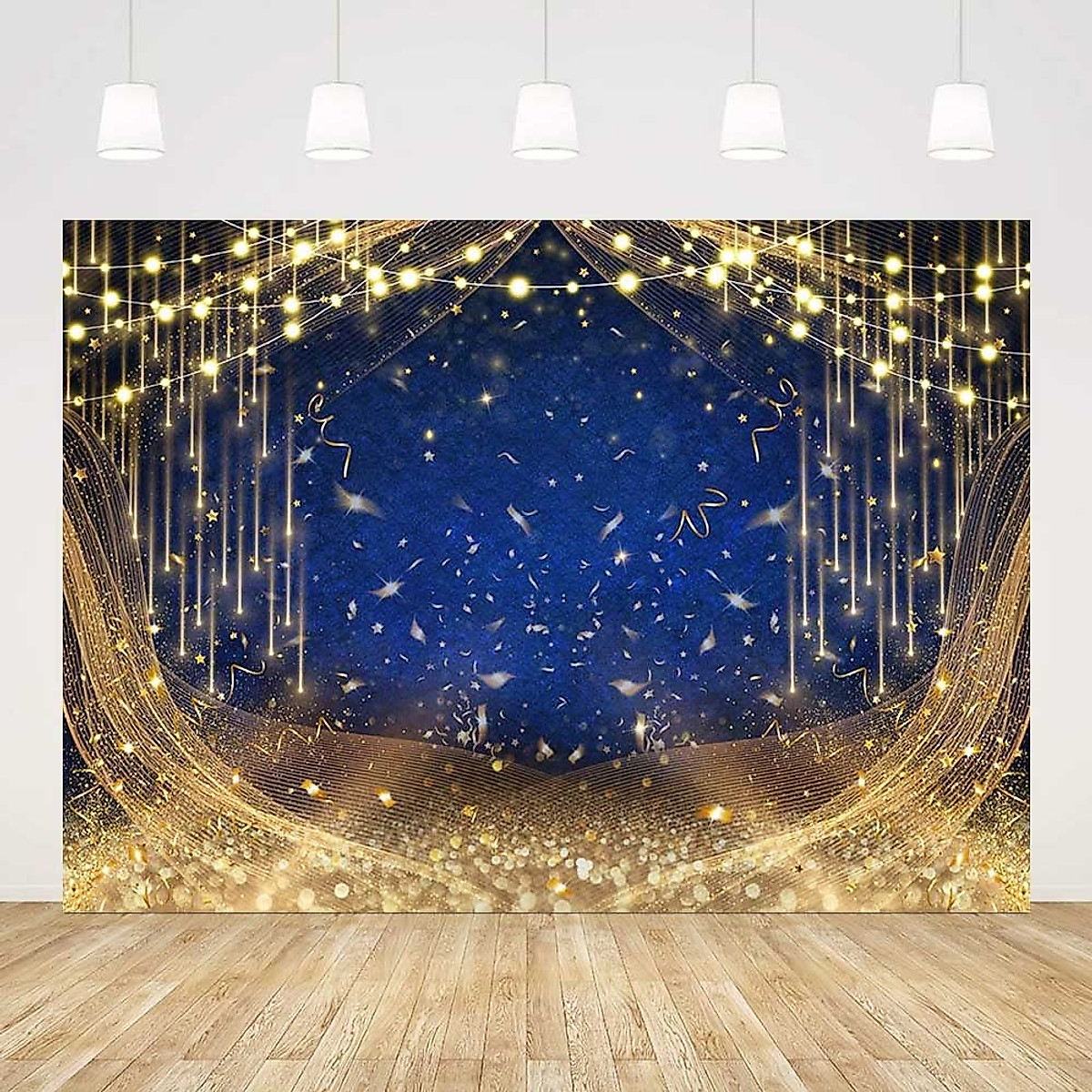 AIBIIN 7x5ft Royal Blue and Gold Party Photo Backdrop Gold Dripping Glitter Bridal Shower Photography Background Wedding Birthday Bachelorette Graduation Prom Party Decorations Banner