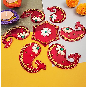 ARTISENIA Handmade Red Dolphin Acrylic Diwali Rangoli Floor Decorations Table Decoration Studded Stones Sequins Traditional Festive Home Door Décor | Floor Wall Stickers RJV-002