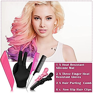 Heat Resistant Gloves for Hair Styling 3 Finger Curling Wand Glove Silicone Heat Mat Pouch 6 Pcs Hair Clips and 2 Pcs Styling Comb for Curling Iron Wands