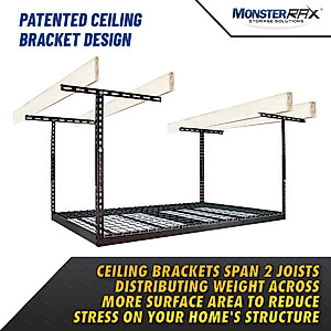 MonsterRax Overhead Garage Storage Racks 4x6, Ceiling Mounted Shelving, Adjustable Hanging Storage Organizer, Heavy Duty Steel, Holds 500 Pounds, Color: Hammertone, Adjusts 12"-21” off Ceiling