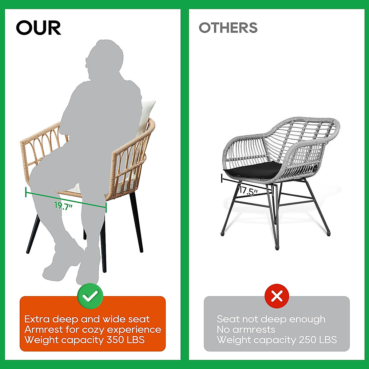 PORWEY 3 Piece Patio Bistro Set, Outdoor Wicker Apartment Balcony Furniture Sets, Rattan Table and Chairs Set of 2 for Porch Backyard Lawn Poolside Deck, Beige