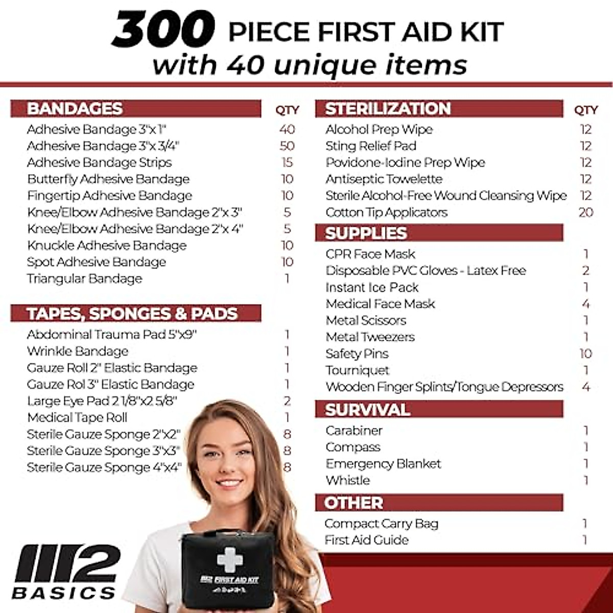 Professional 300 Piece (40 Unique Items) First Aid Kit | Emergency Medical Kits | Home, Business, Camping, Car, Office, Travel, Vehicle, Kids, Boat, Survival, Supplies