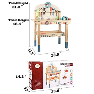 Tool Bench for Kids Toy Play Workbench Wooden Tool Bench Workshop Workbench with Tools Set Wooden Construction Bench Toy for 3 4 5 Year Boys Girls