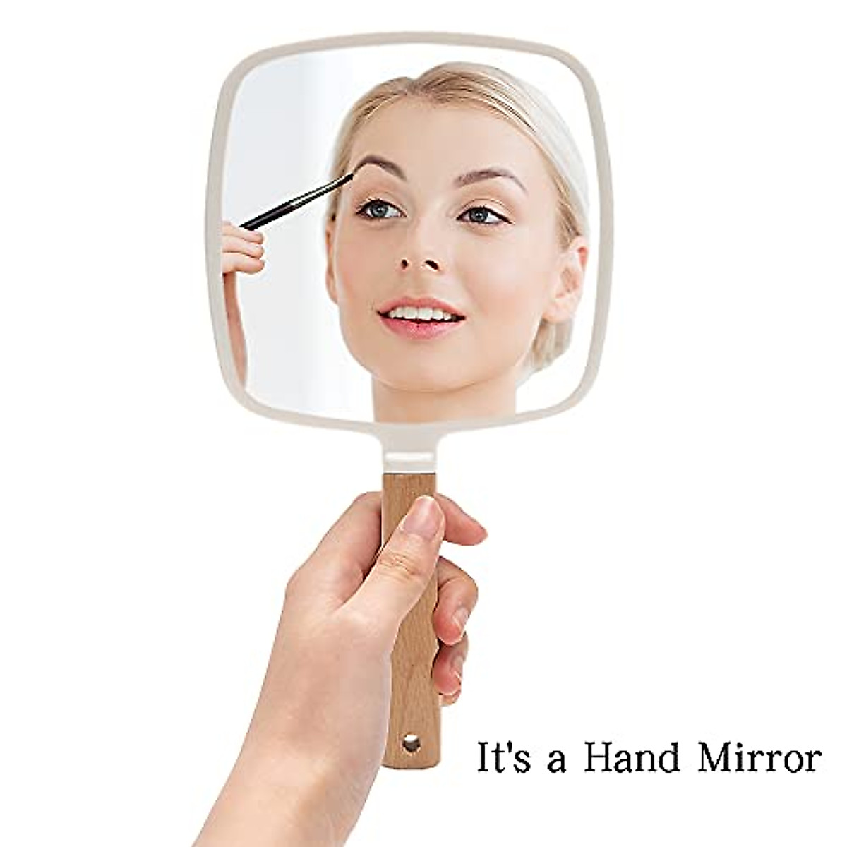 YEAKE Hand Held Mirror with Handle for Makeup,Small Cute Wood Hand Mirror for Shaving with Hole Hanging Single-Sided Portable Travel Vanity Mirror for Men&Women(Square)